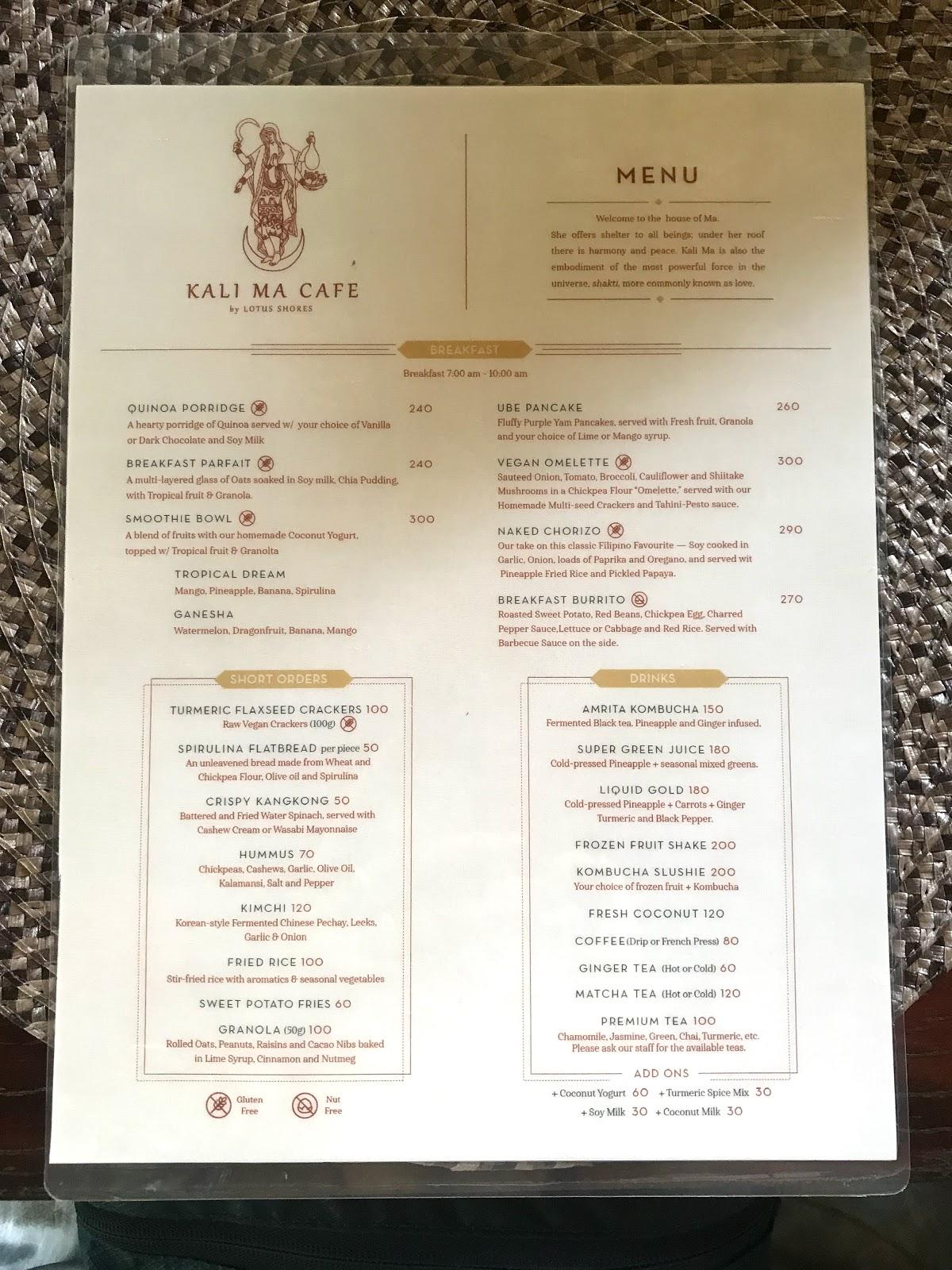 Menu at Kali Ma Vegan Cafe, General Luna