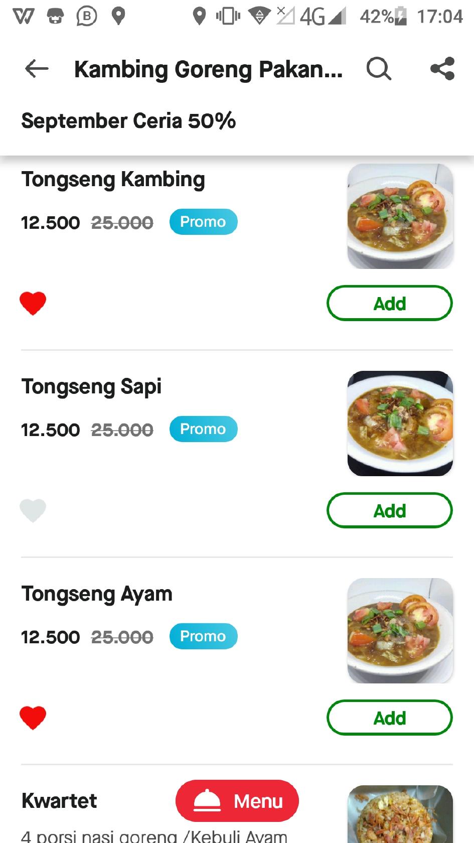 Menu at Kambing Goreng Pakansari restaurant, Bogor, Jl. Alternatif GOR ...