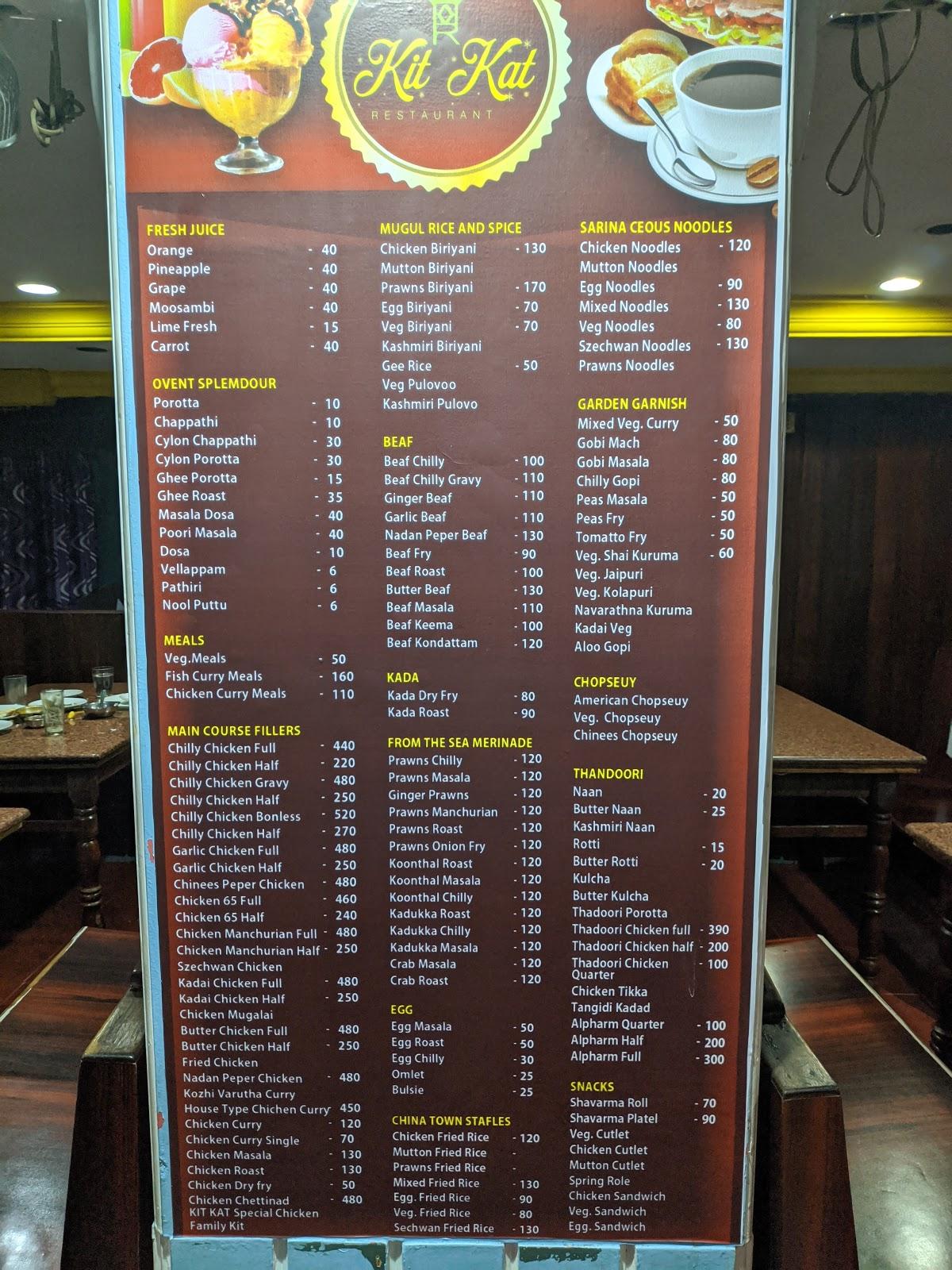 Menu at KitKat Restaurant, Pattambi
