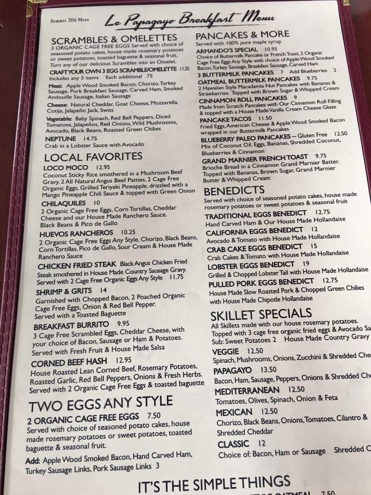 Menu at Le Papagayo restaurant, Encinitas, N Coast Hwy 101