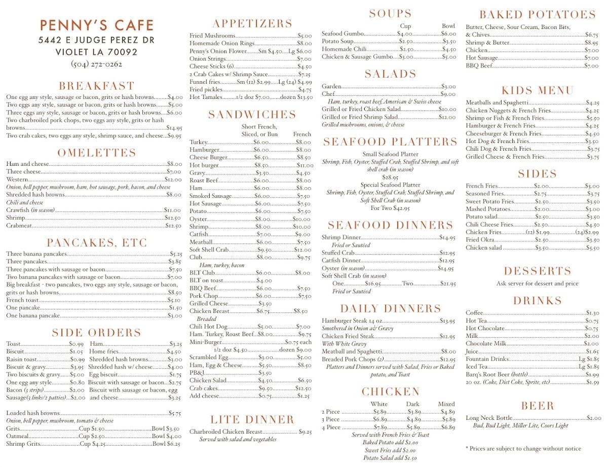 Menu at Penny's Cafe, Violet