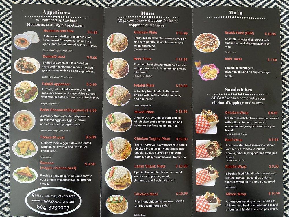 Menu at Shawarma Cafe, Vancouver