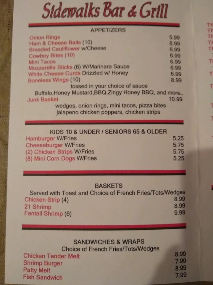 Menu at Sidewalks Saloon & Grill pub & bar, West Union