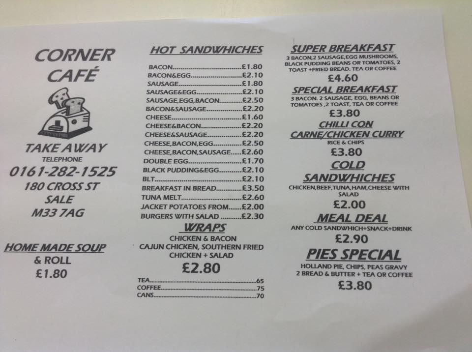 Menu at The Corner Cafe, Sale, 180 Cross St