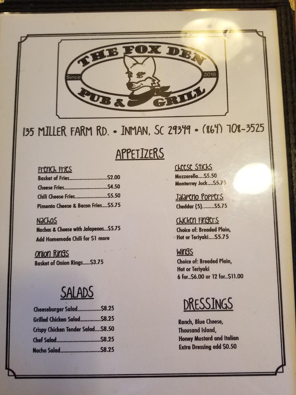 Menu at The Fox Den Pub & Grill, Inman