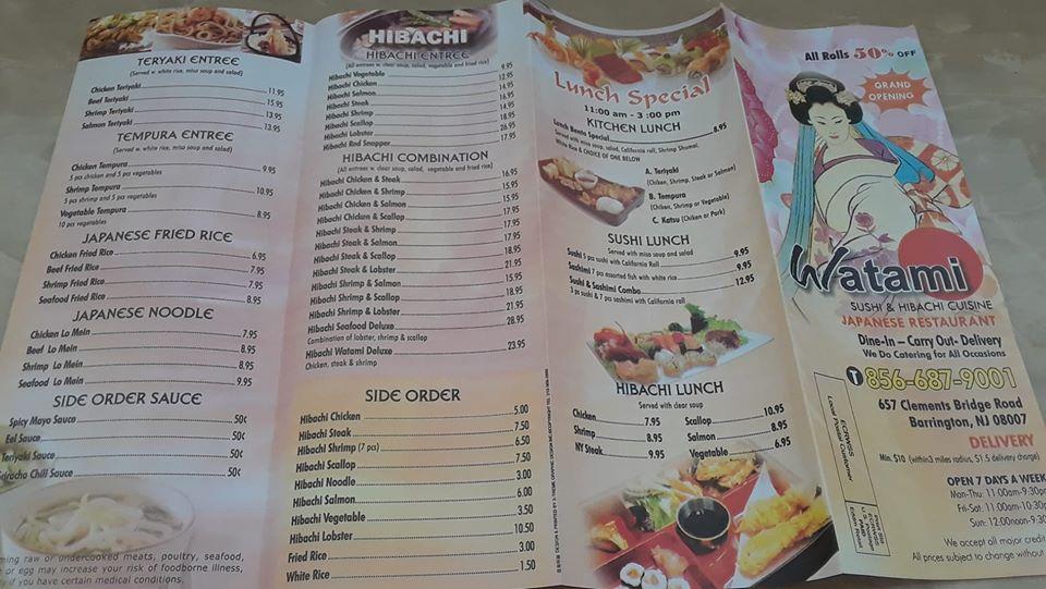 Menu at Watami Sushi restaurant, Barrington