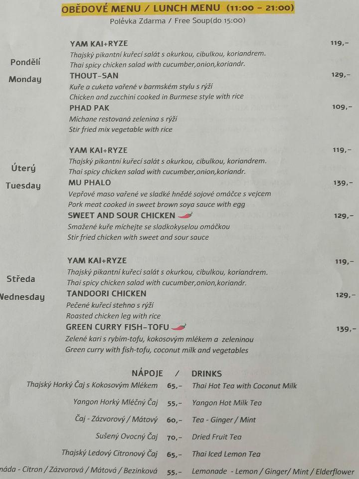 Menu at Yangon Burmese Restaurant, Prague