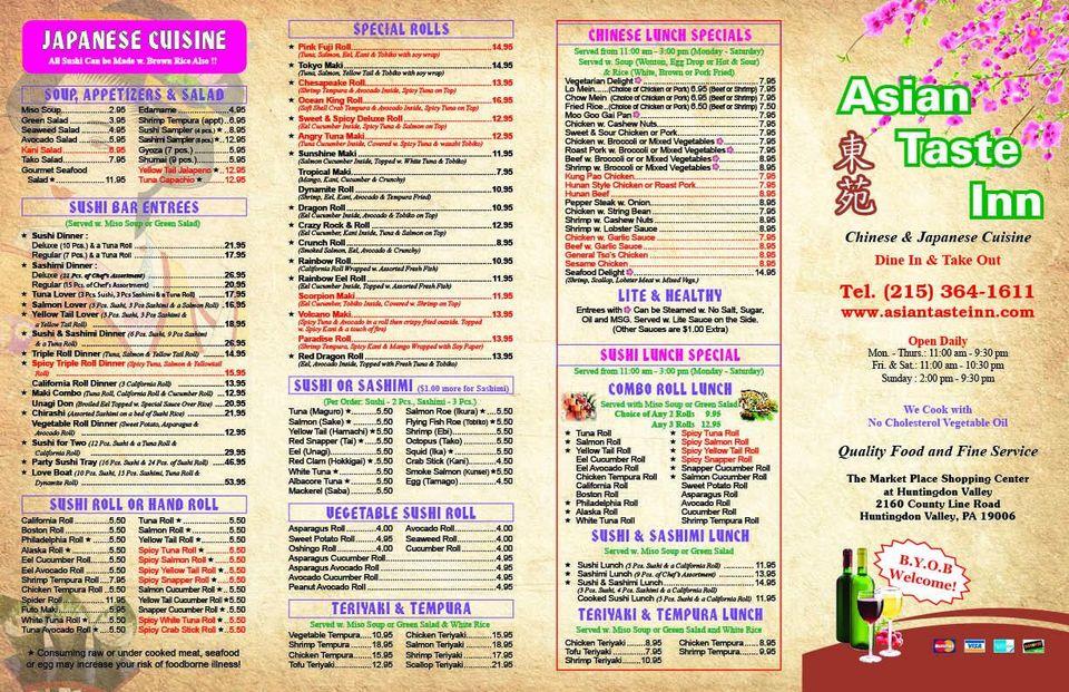 Menu at Asian Taste Inn restaurant, Bryn Athyn