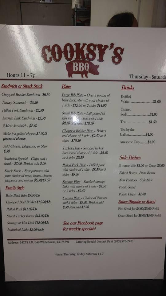 Menu at Cooksy's BBQ, Whitehouse