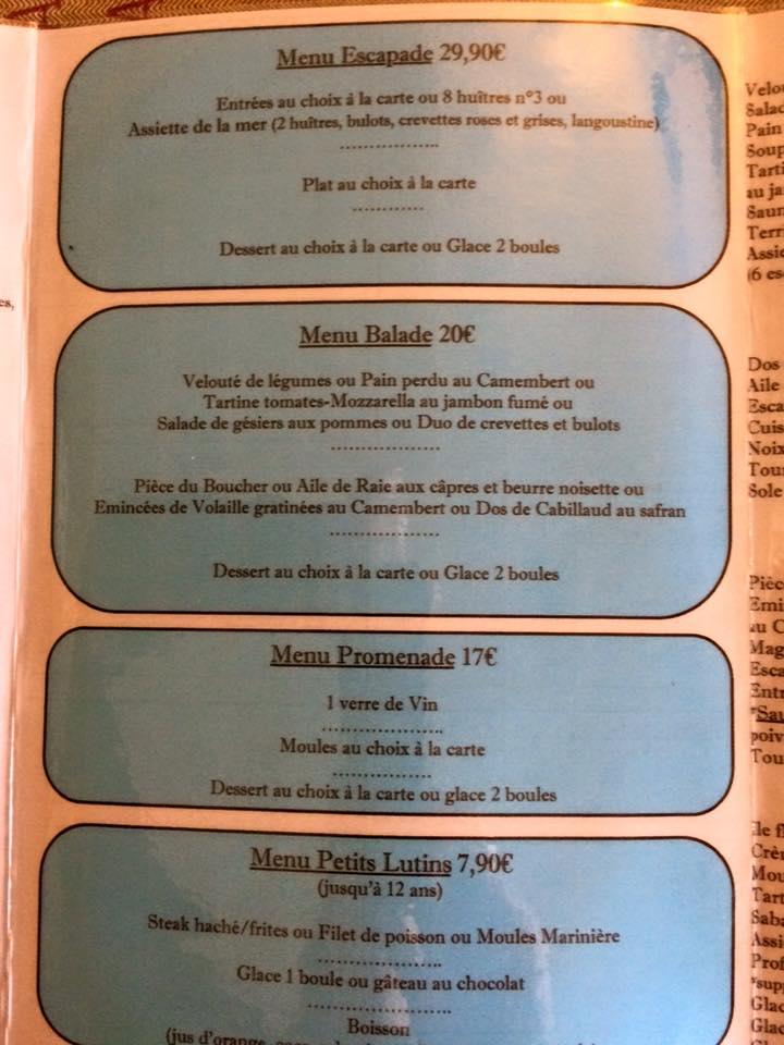 Menu au L’ Escapade restaurant, Luc-sur-Mer, 16 Rue du Dr Charcot