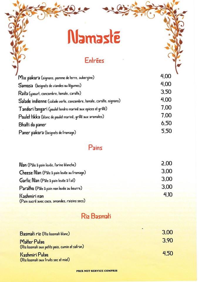 Menu au Namaste Mas Guérido restaurant, Cabestany