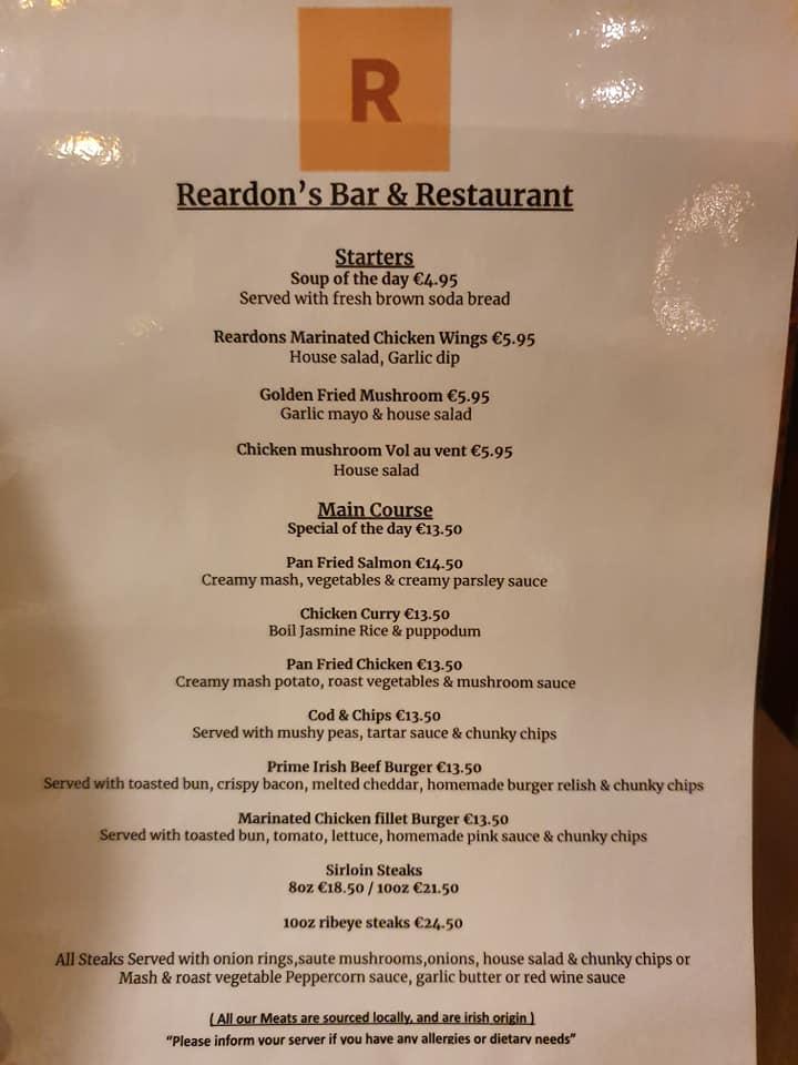 Menu at Reardon’s Bar & Restaurant, Ireland, Holycross