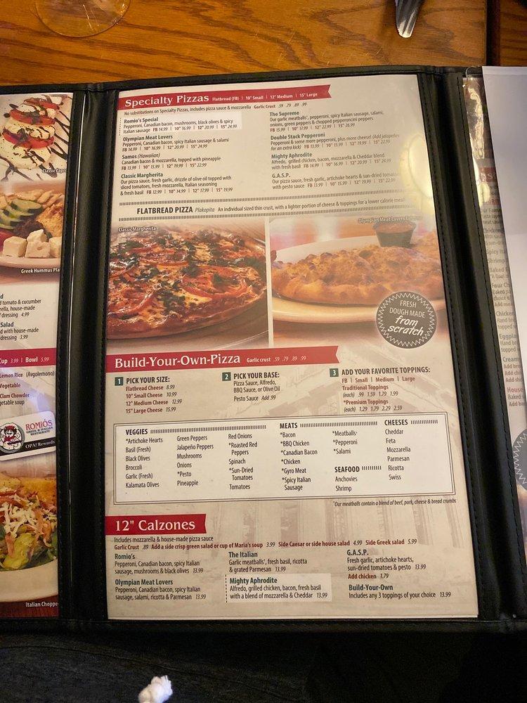 Menu at Romio's Pizza & Pasta pizzeria, Ontario