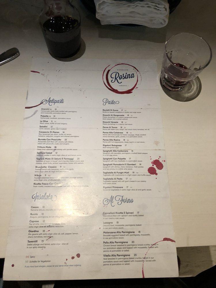 Carta de Rosina Restaurant, Toronto