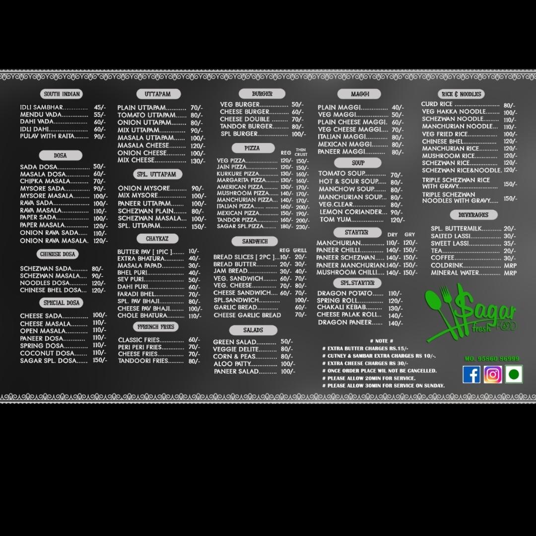 Menu at Sagar Fresh Food, Anjar