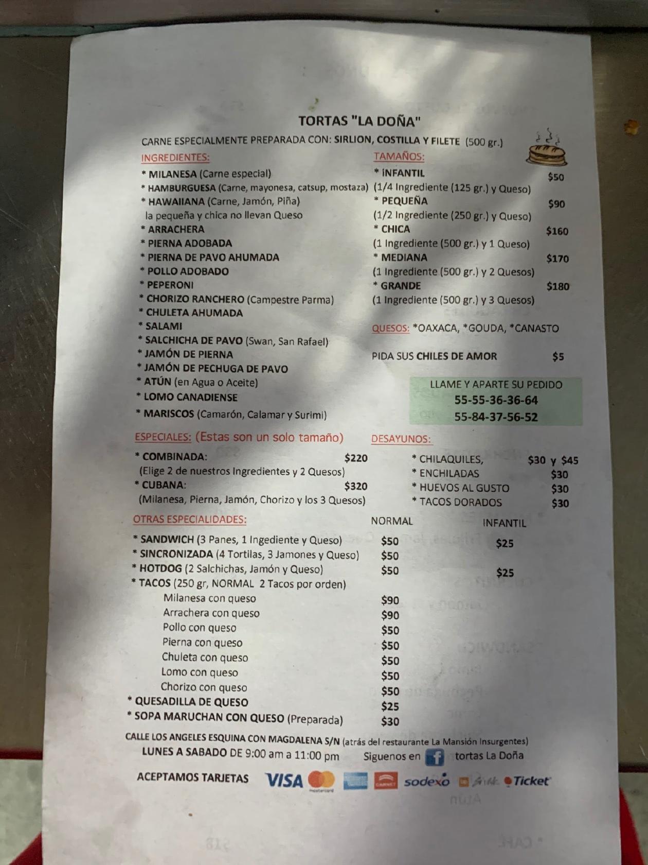 Carta del restaurante Tortas La Doña, Ciudad del México, Av. Magdalena s/n