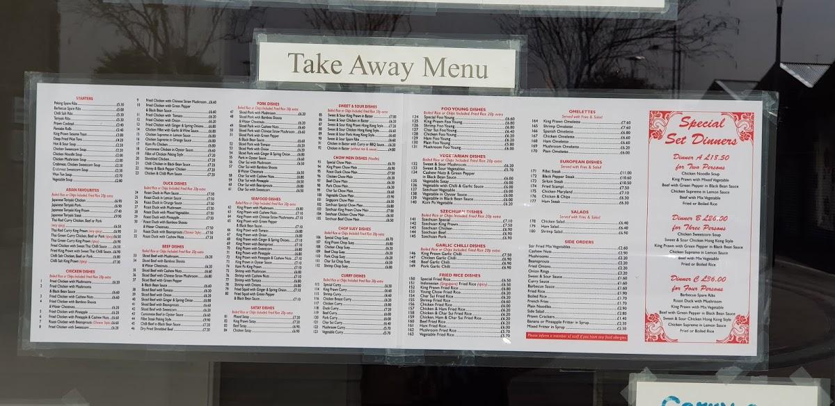 Menu at Wongs restaurant, Grangemouth