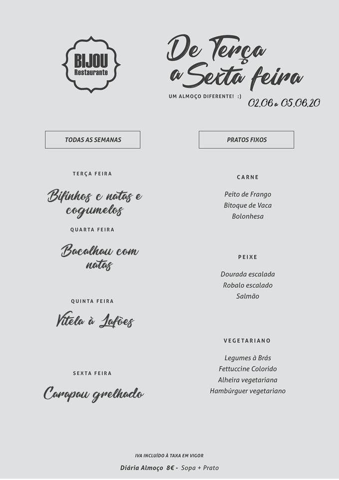 Menu at Bijou cafe, Figueira da Foz