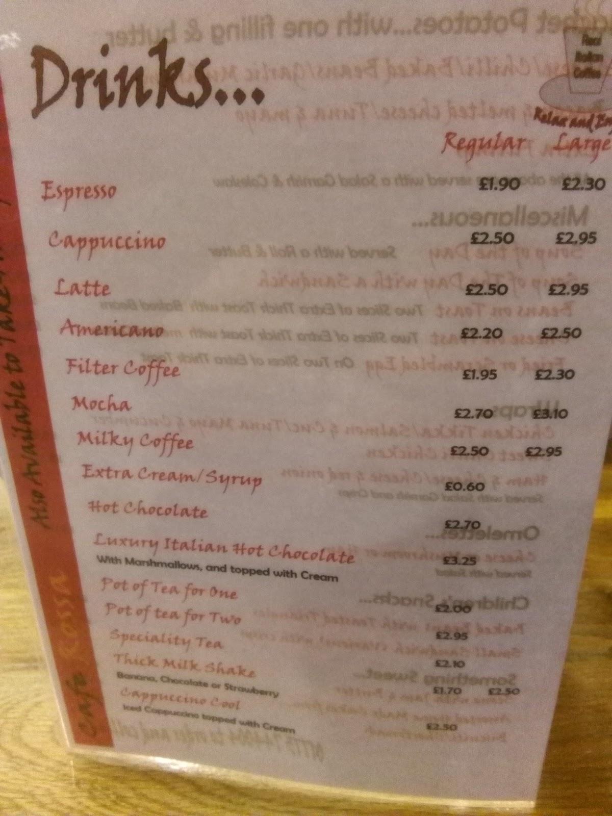 Menu at Cafe Rossa, Ripley, 28 Nottingham Rd