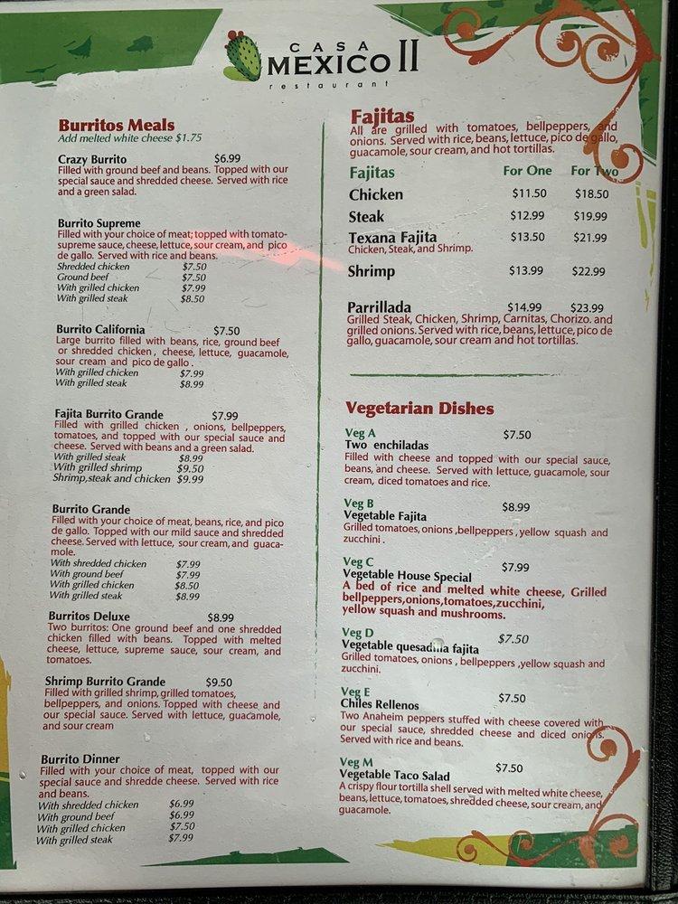 Menu at Casa Mexico II restaurant, Warner Robins