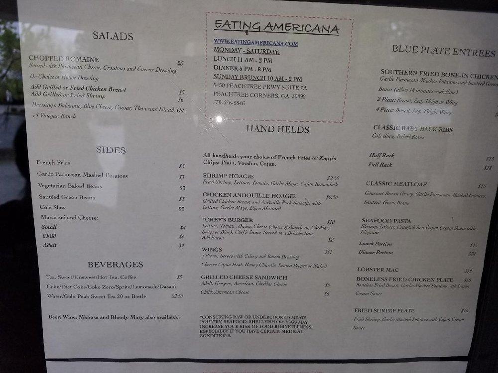 Menu at Eating Americana restaurant, Norcross