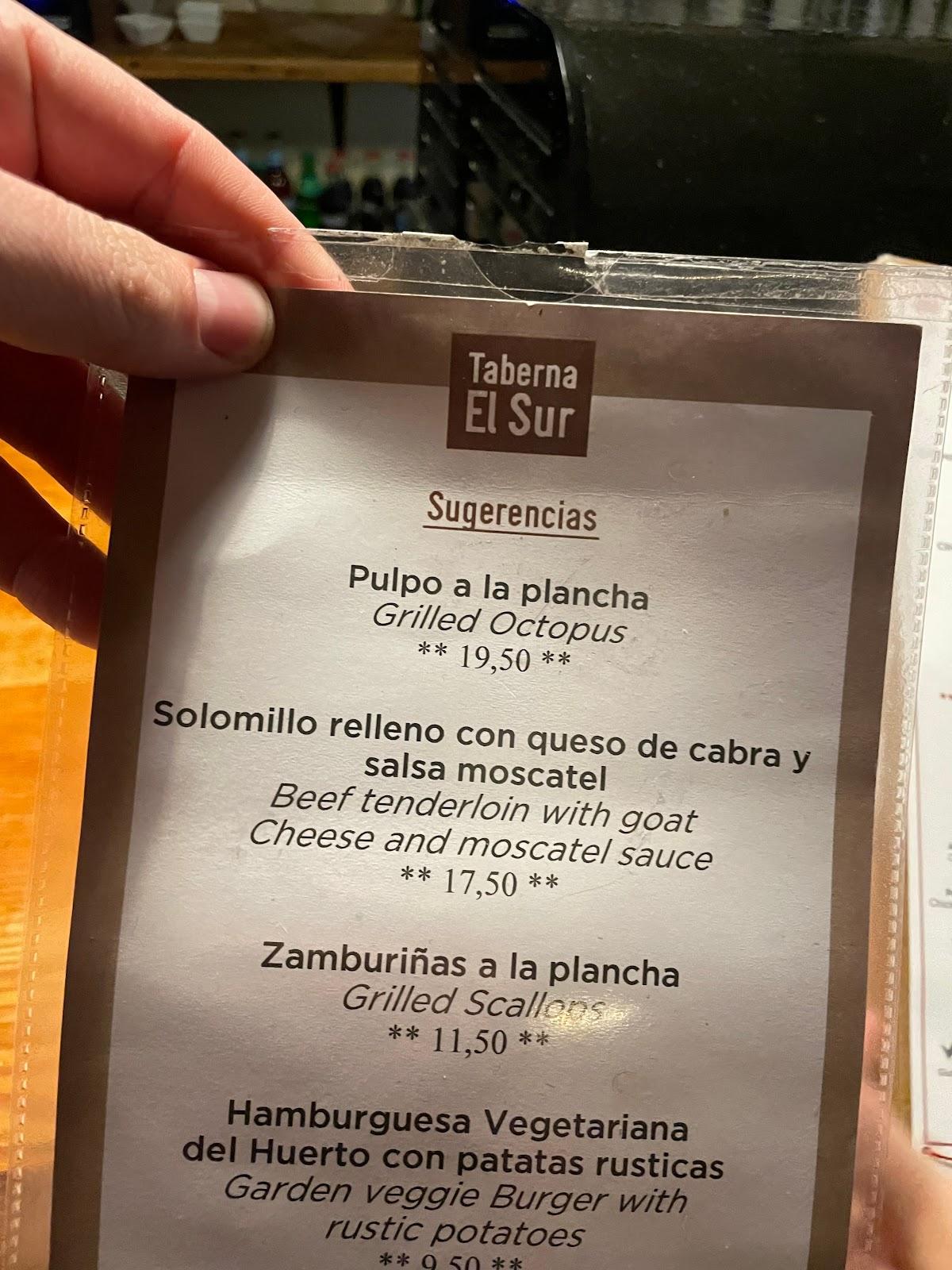 Carta del pub y bar Taberna El Sur, Madrid