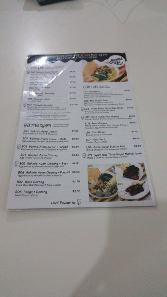 Menu at Famili Ria restaurant, Surrey Hills