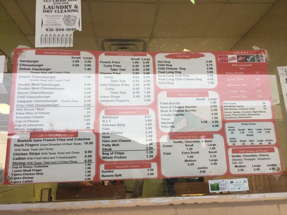 Menu at Howard's Drive Inn restaurant, Monahans