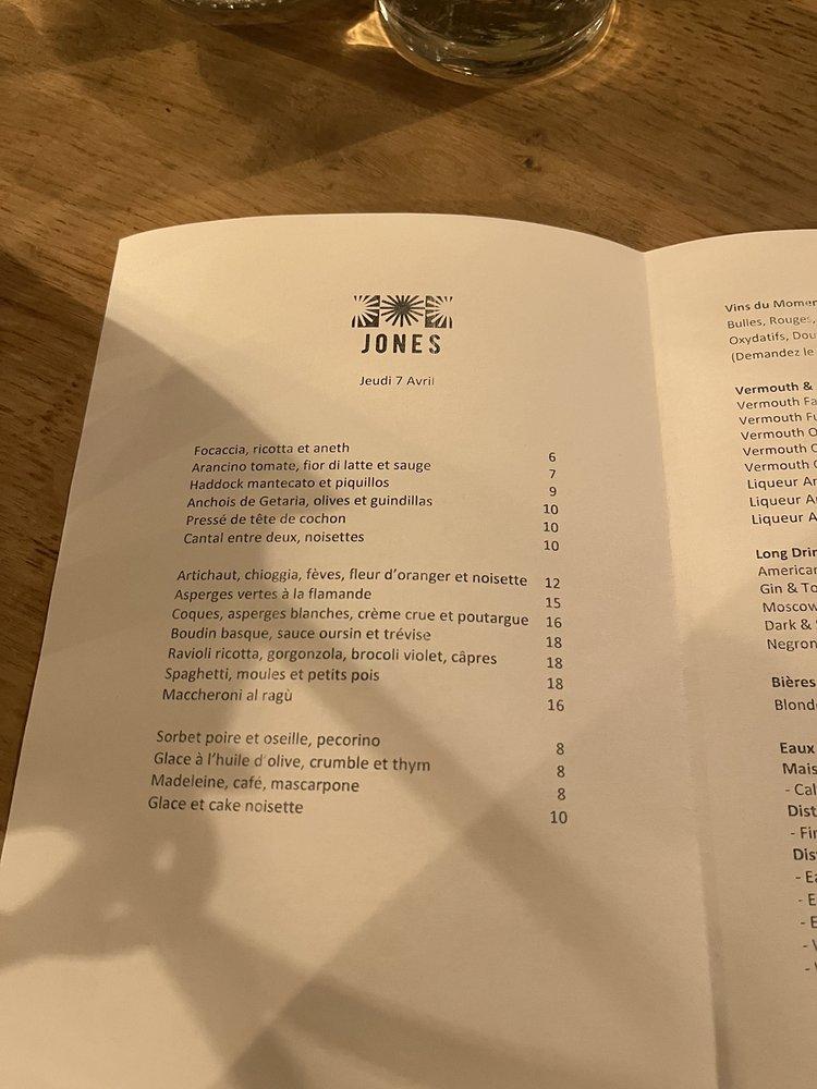 Menu at Jones restaurant, Paris