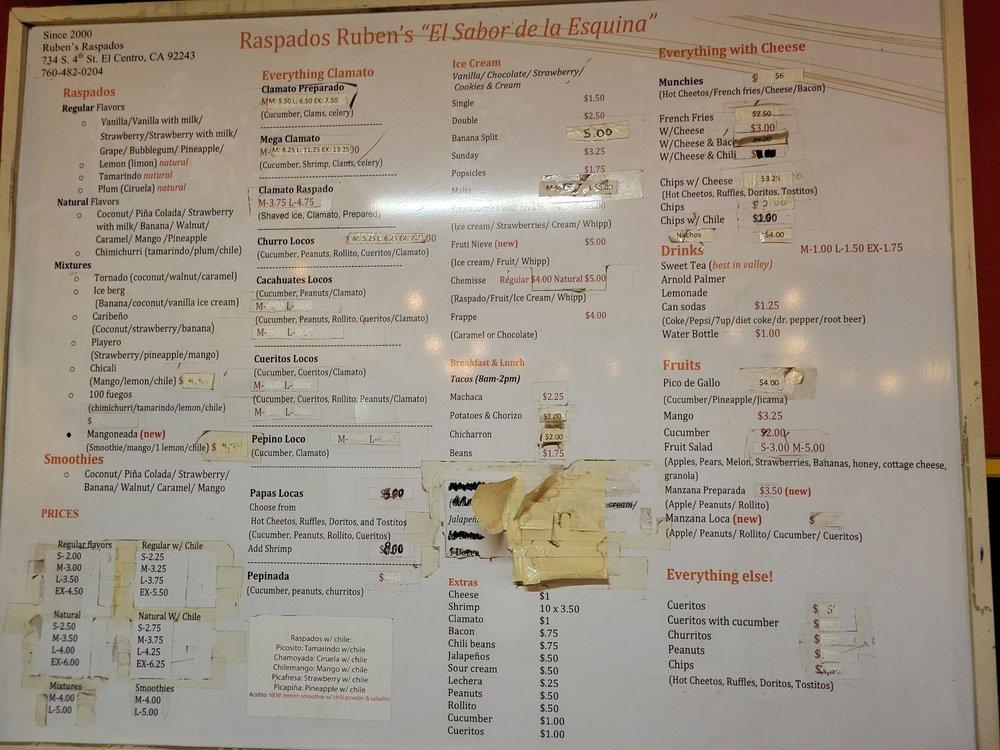 Menu at Ruben's Raspados desserts, El Centro, 734 S 4th St