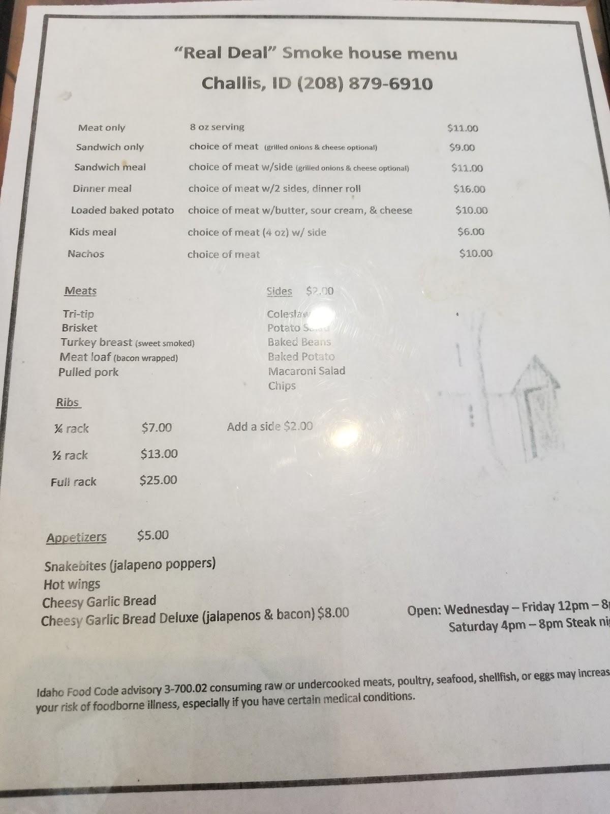 Menu at "Real Deal" Smokehouse BBQ, Challis, 810 US-93