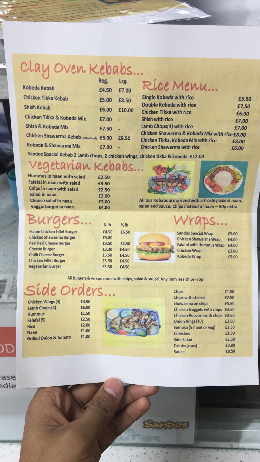 Menu at Sandos fast food, Preston