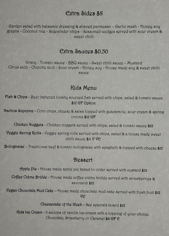 Menu at The Old Grain Store restaurant, Bairnsdale