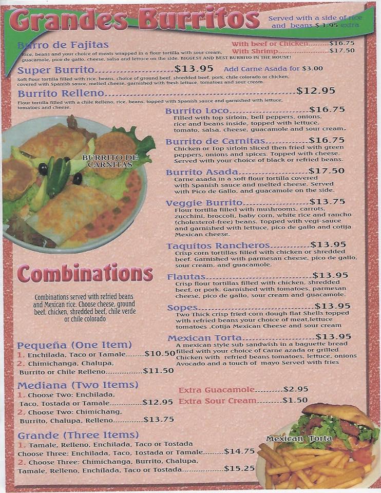 Menu at El Rancho Viejo restaurant, Battle Ground