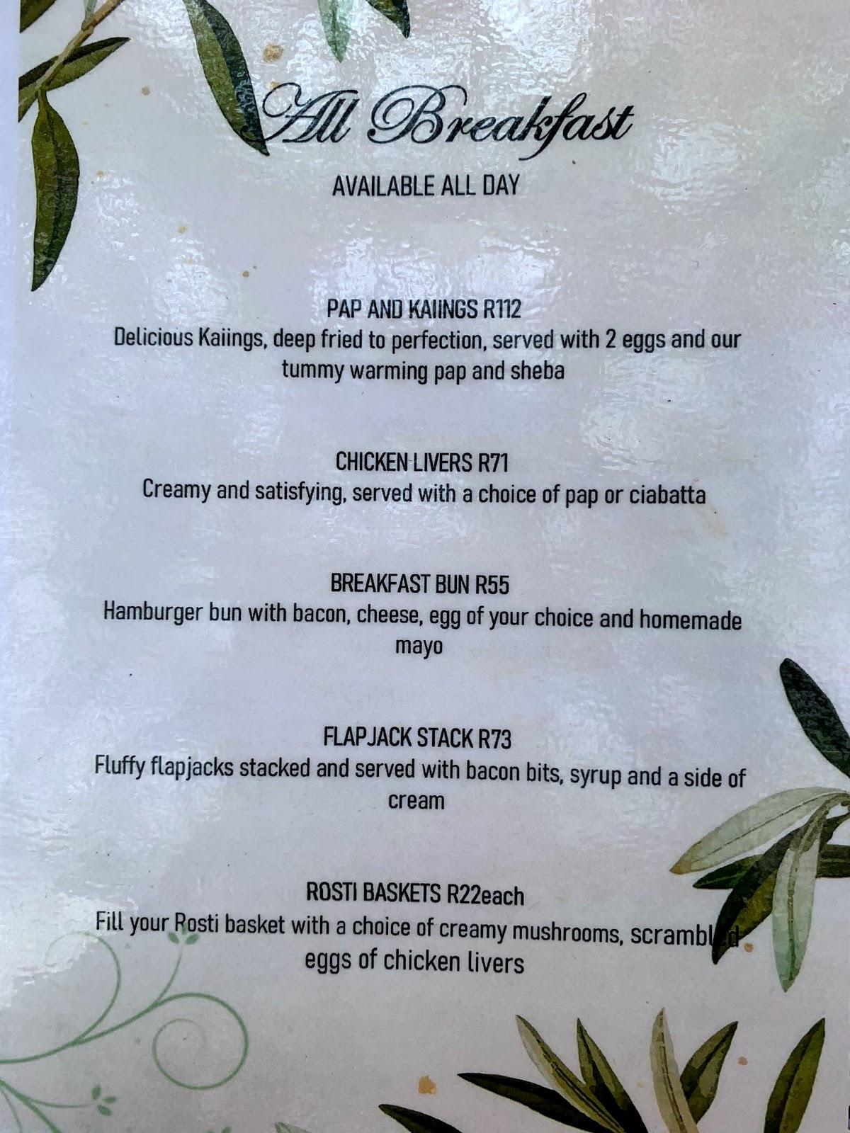 Menu at Green Olive Restaurant, Pretoria