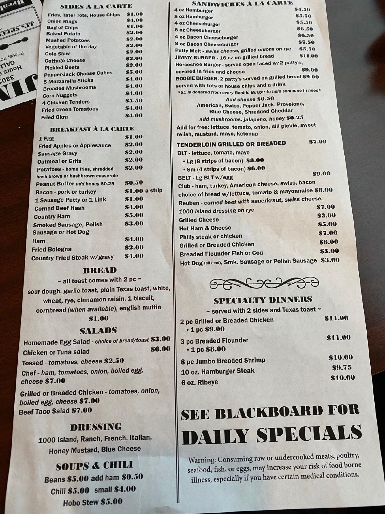 Menu at Jimmy's Diner restaurant, Indianapolis
