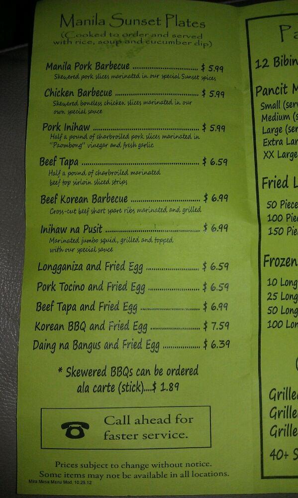 Menu at Manila Sunset restaurant, San Diego, Mira Mesa Blvd