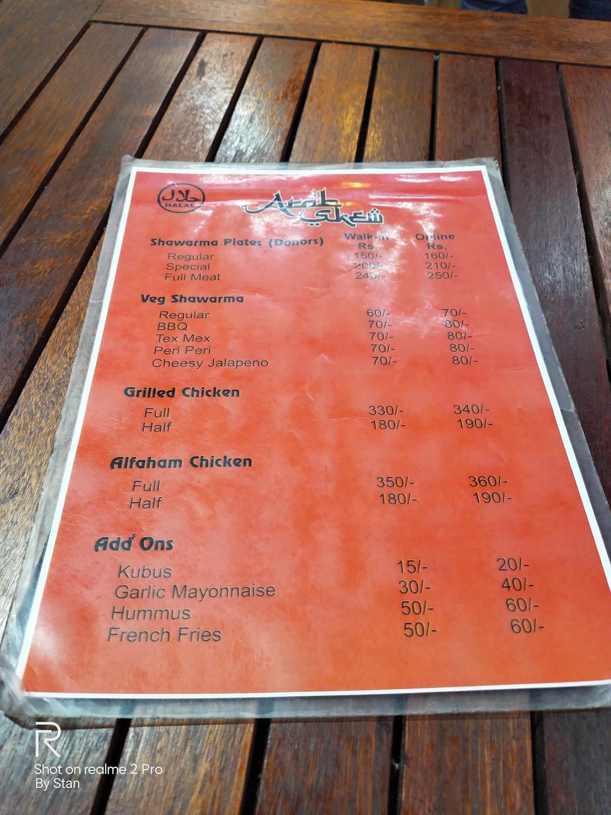 Menu at Arab Skew, Coimbatore