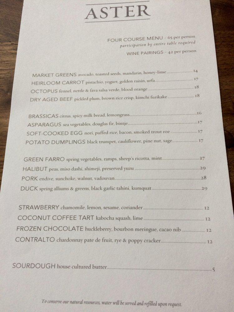Menu at Aster restaurant, San Francisco