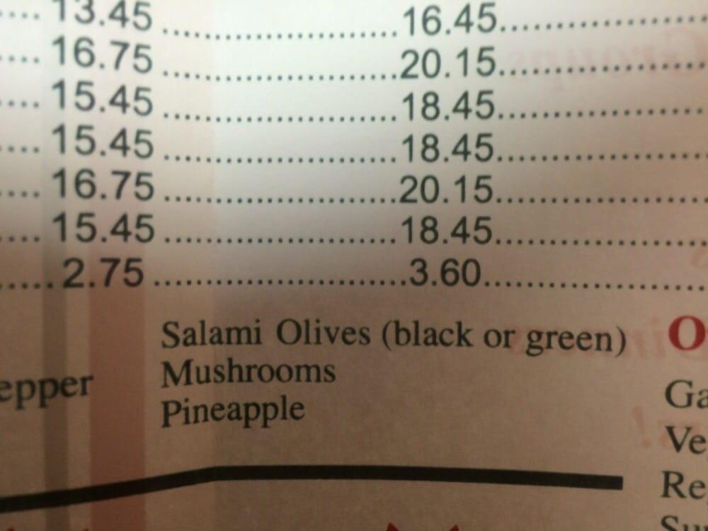 Menu at Bianchini's Pizzeria, North Sydney