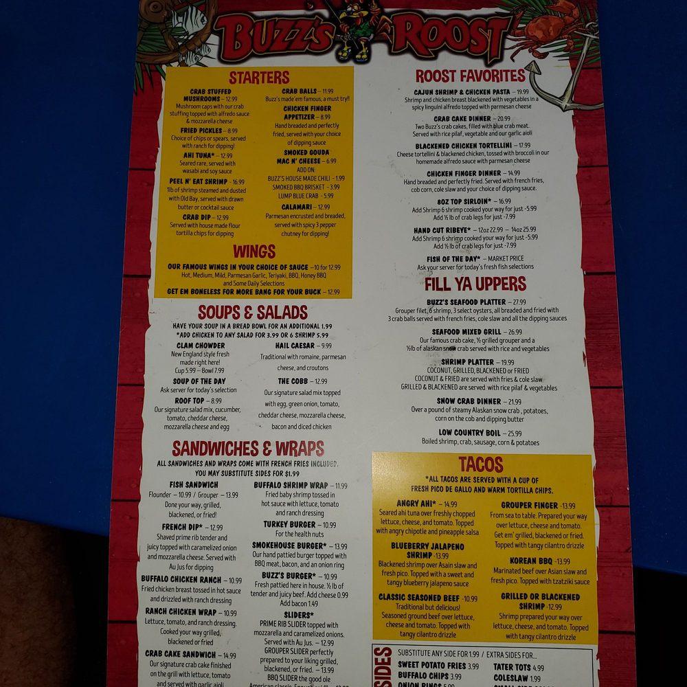 Menu at Buzz's Roost pub & bar, Georgetown