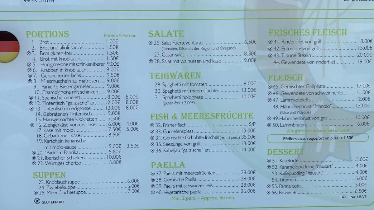 Menu at Casa Manolo restaurant, Corralejo