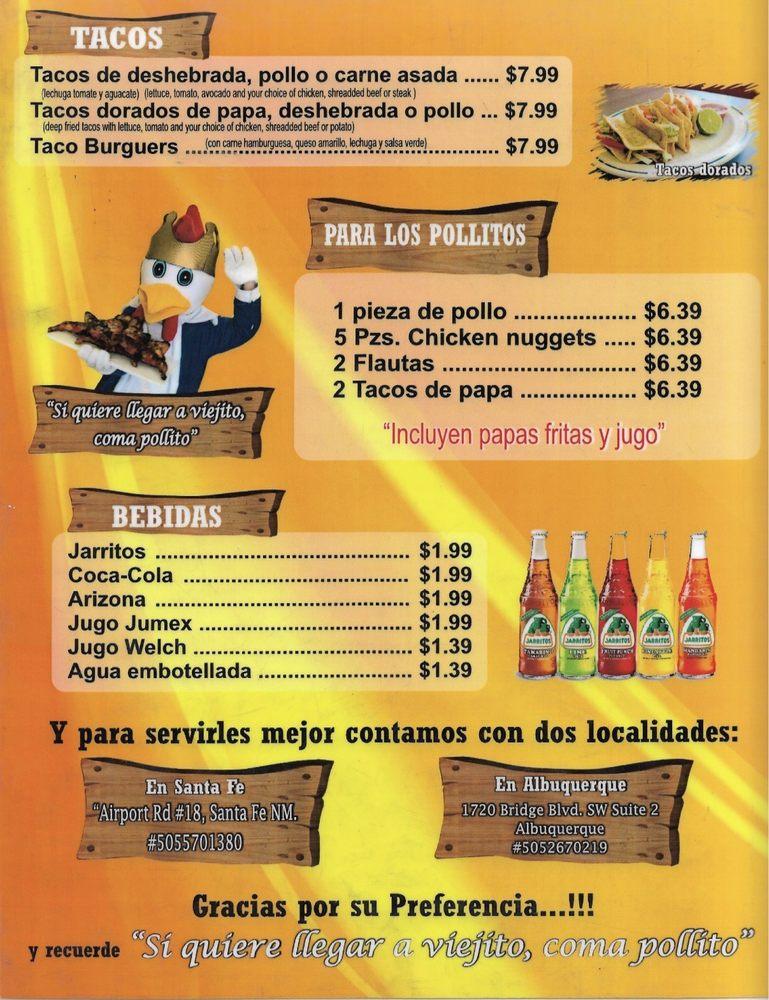 Menu at El Rey Del Pollo Santa Fe restaurant, Santa Fe