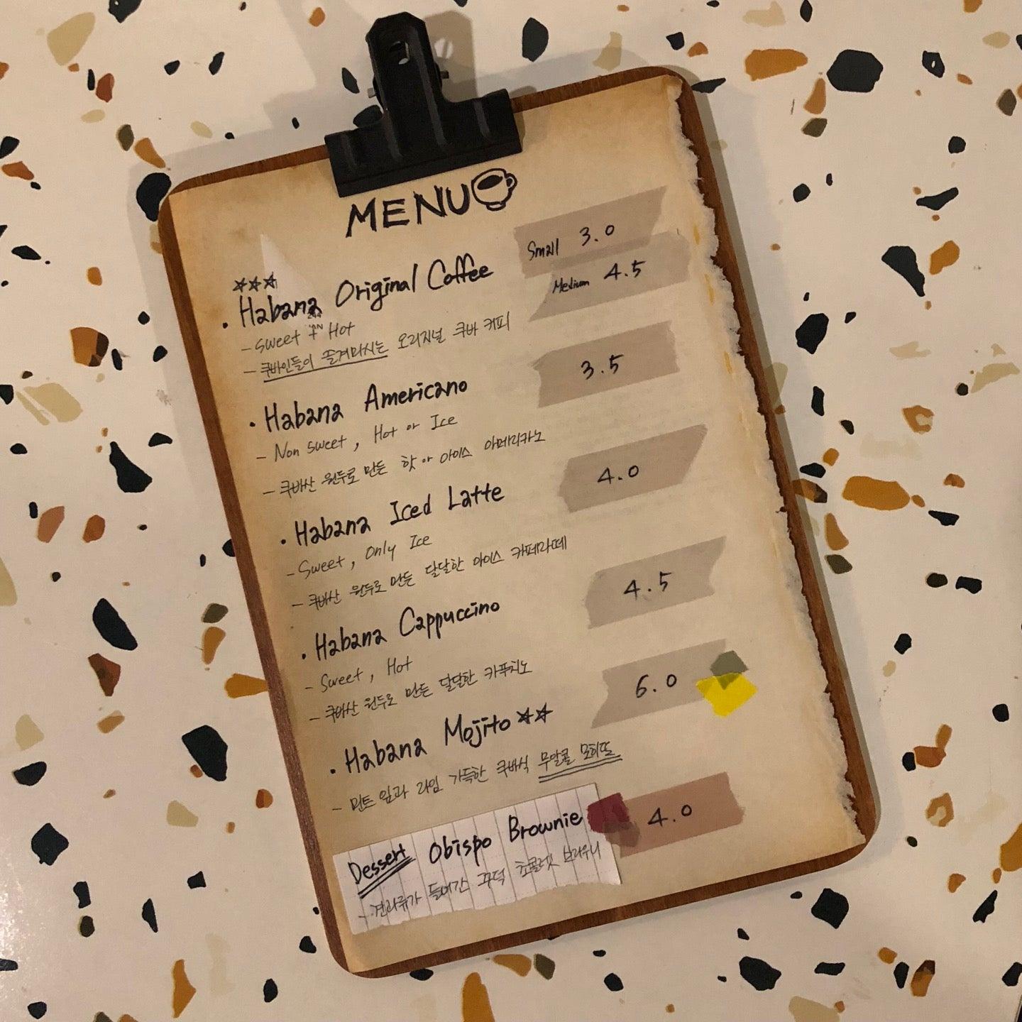 Menu at Habana Indie Club, Seoul