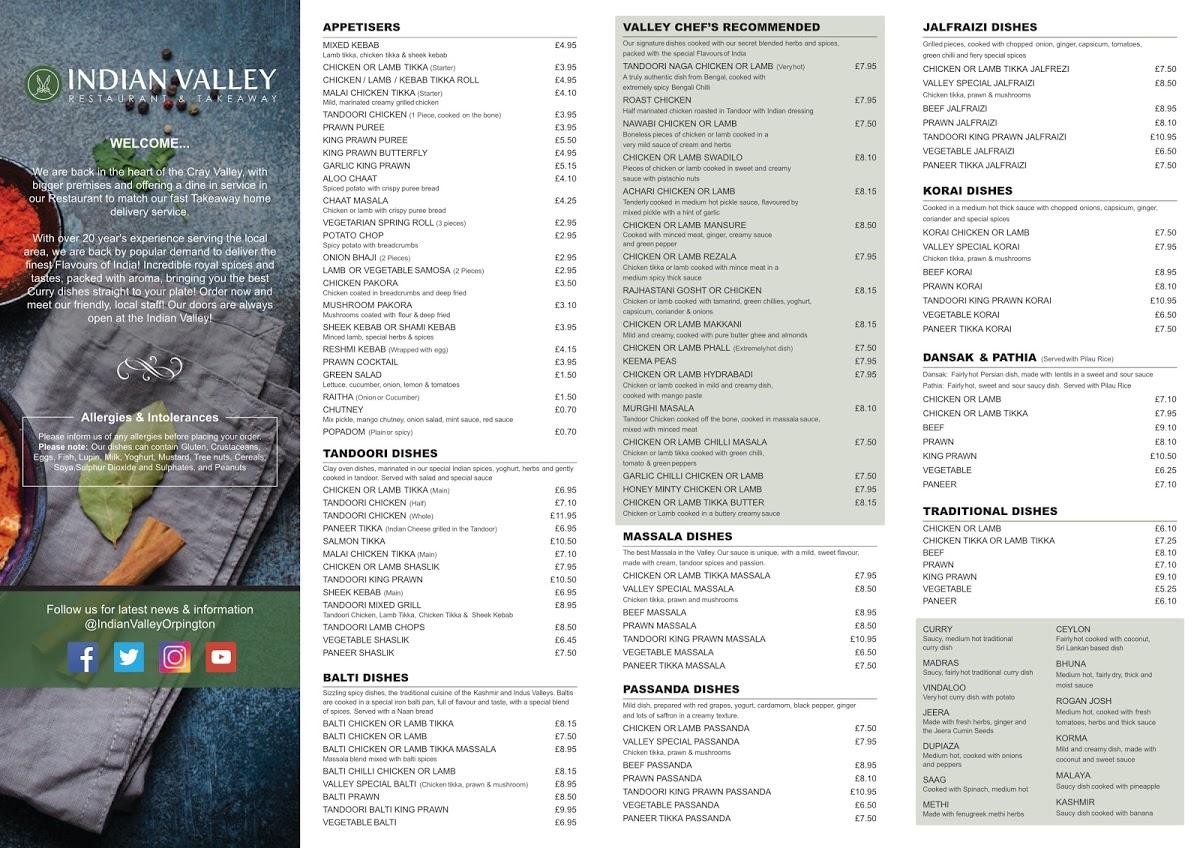 Menu at INDIAN VALLEY RESTAURANT AND TAKEAWAY, Orpington