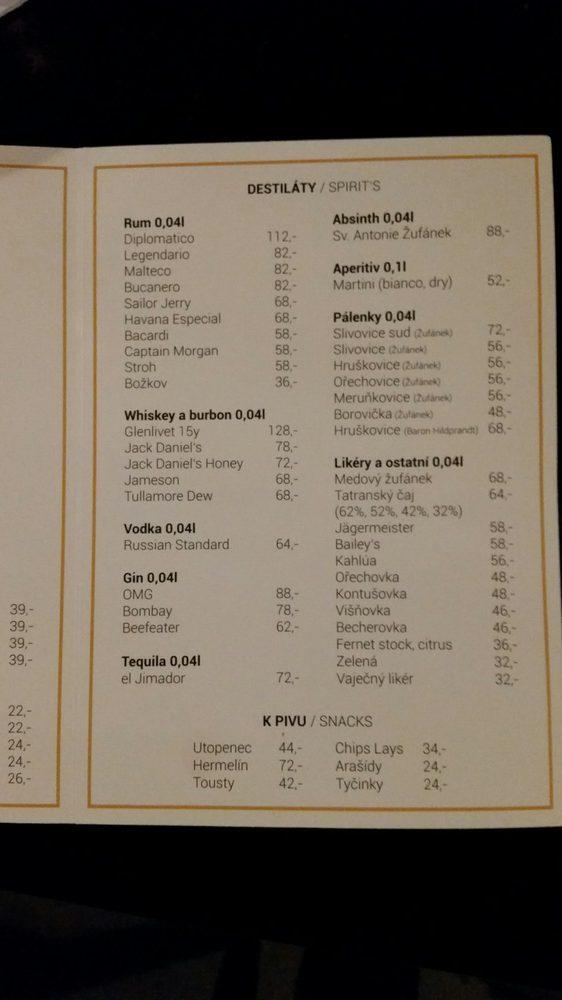 Menu at Joystick Bar, Prague