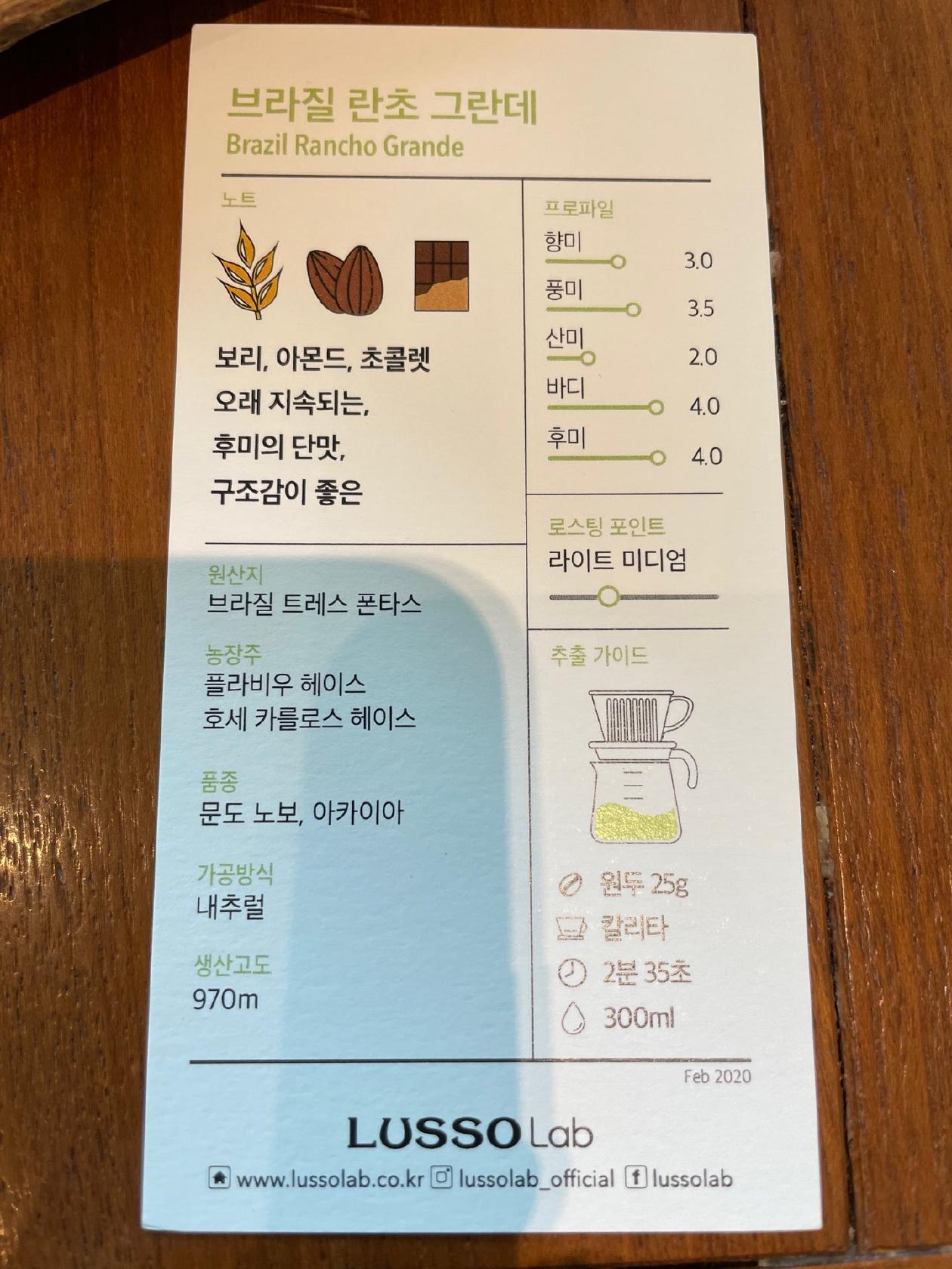 Carta del café Lusso Lab, Jeongdong, Seul, 17 Jeongdong-gil