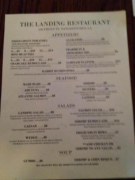 Menu at The Landing Restaurant “The Loft @ 530”, Natchitoches