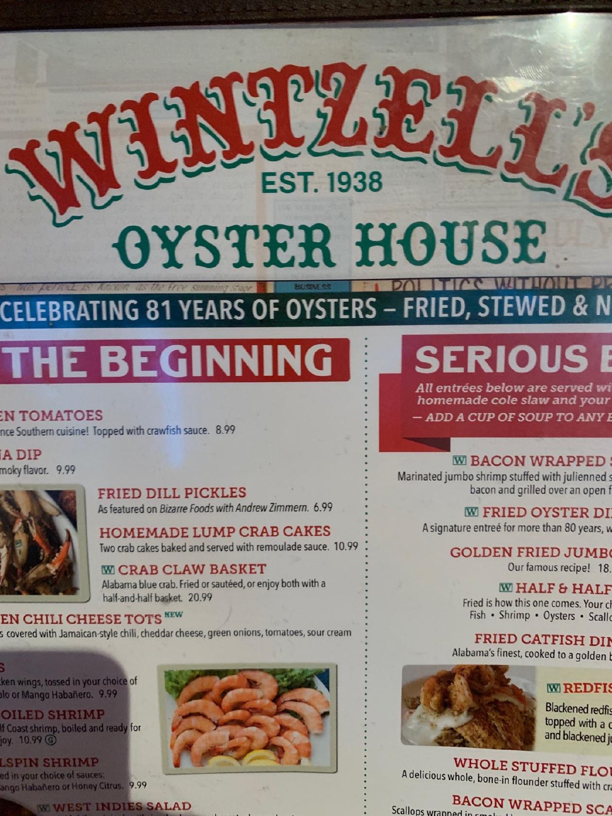 Menu at Wintzell's Oyster House restaurant, Mobile, 605 Dauphin St