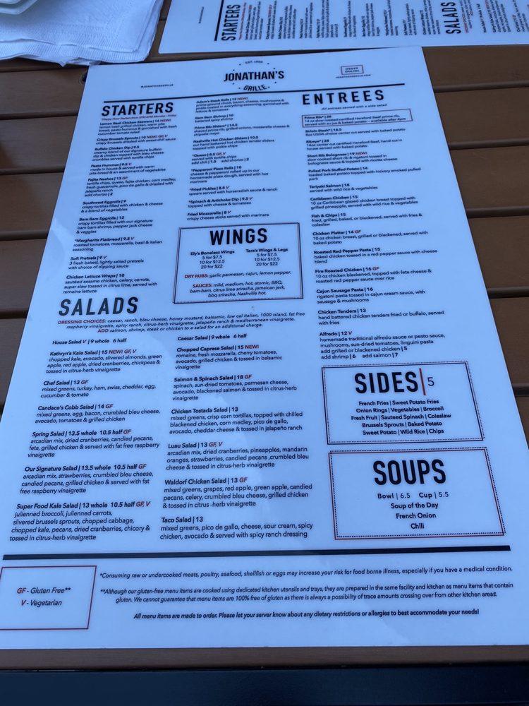Menu at Jonathan’s Grille pub & bar, East Ridge
